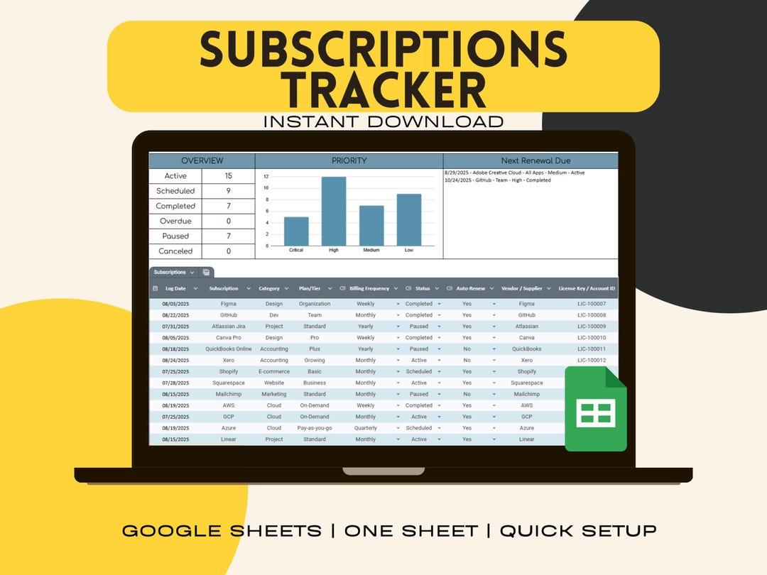 Subscription Tracker Spreadsheet | Digital Subscription Manager ...