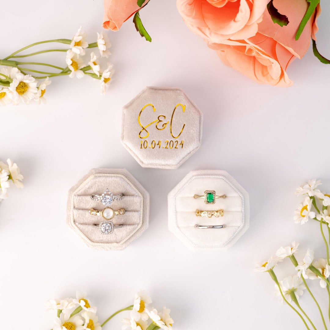 Custom Engagement Ring Box, Triple Slot Velvet Ring Box, Proposal Ring ...