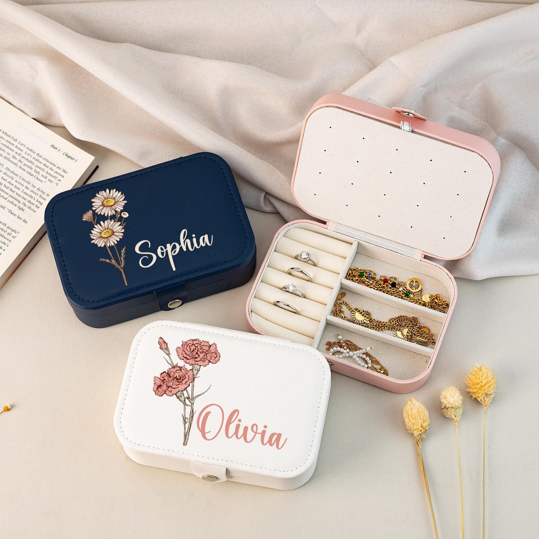 Personalized Birth Flower Jewelry Box, Floral Jewelry Case, Birthday ...