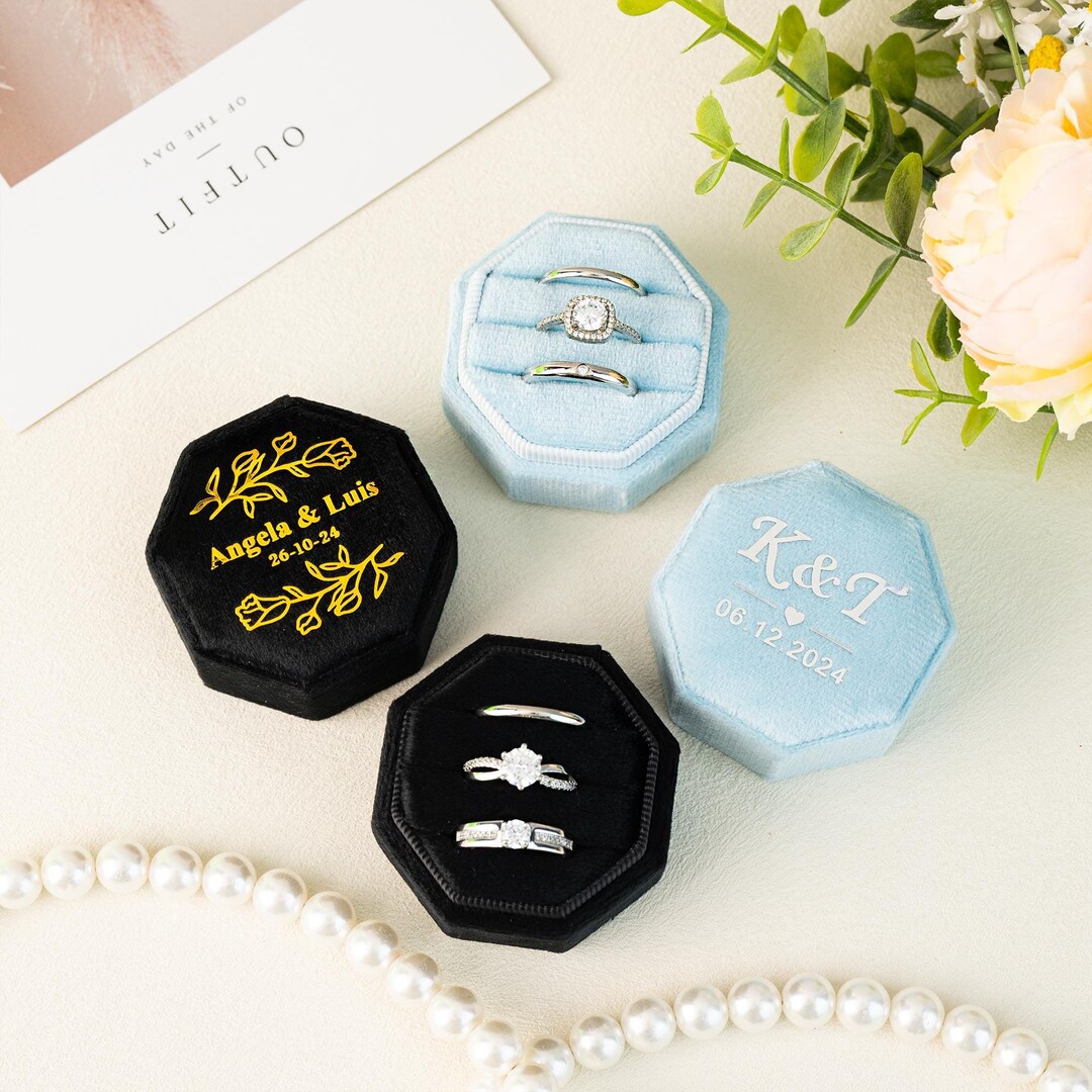 Triple Slot Octagon Velvet Ring Box | Custom Wedding Ring Box ...