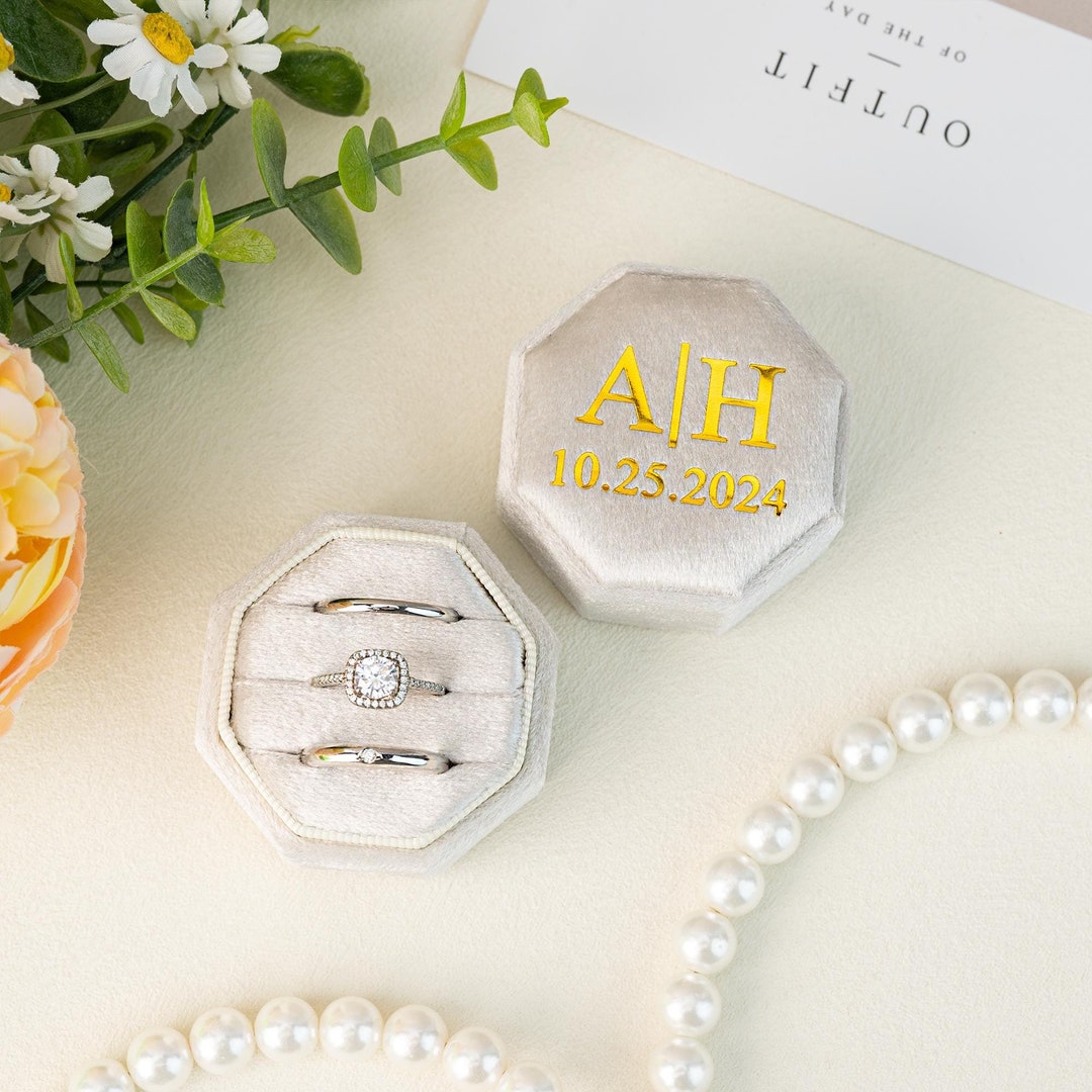 Triple Octagon Monogram Velvet Ring Box 3 Slots Holder 3 Rings Bearer ...