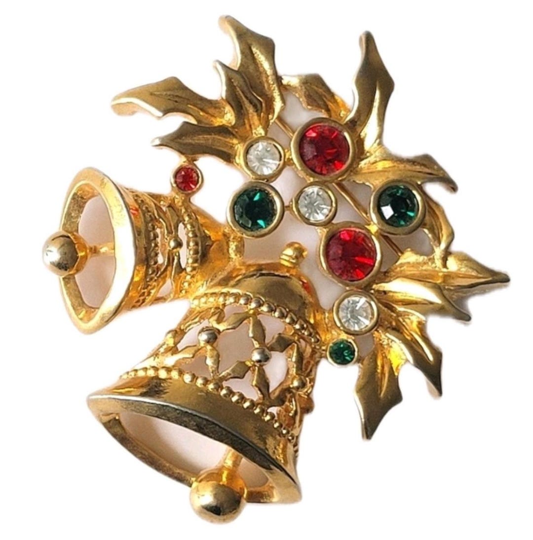 Vintage Avon Christmas Jingle Bells Brooch Red Green Rhinestones Gold ...