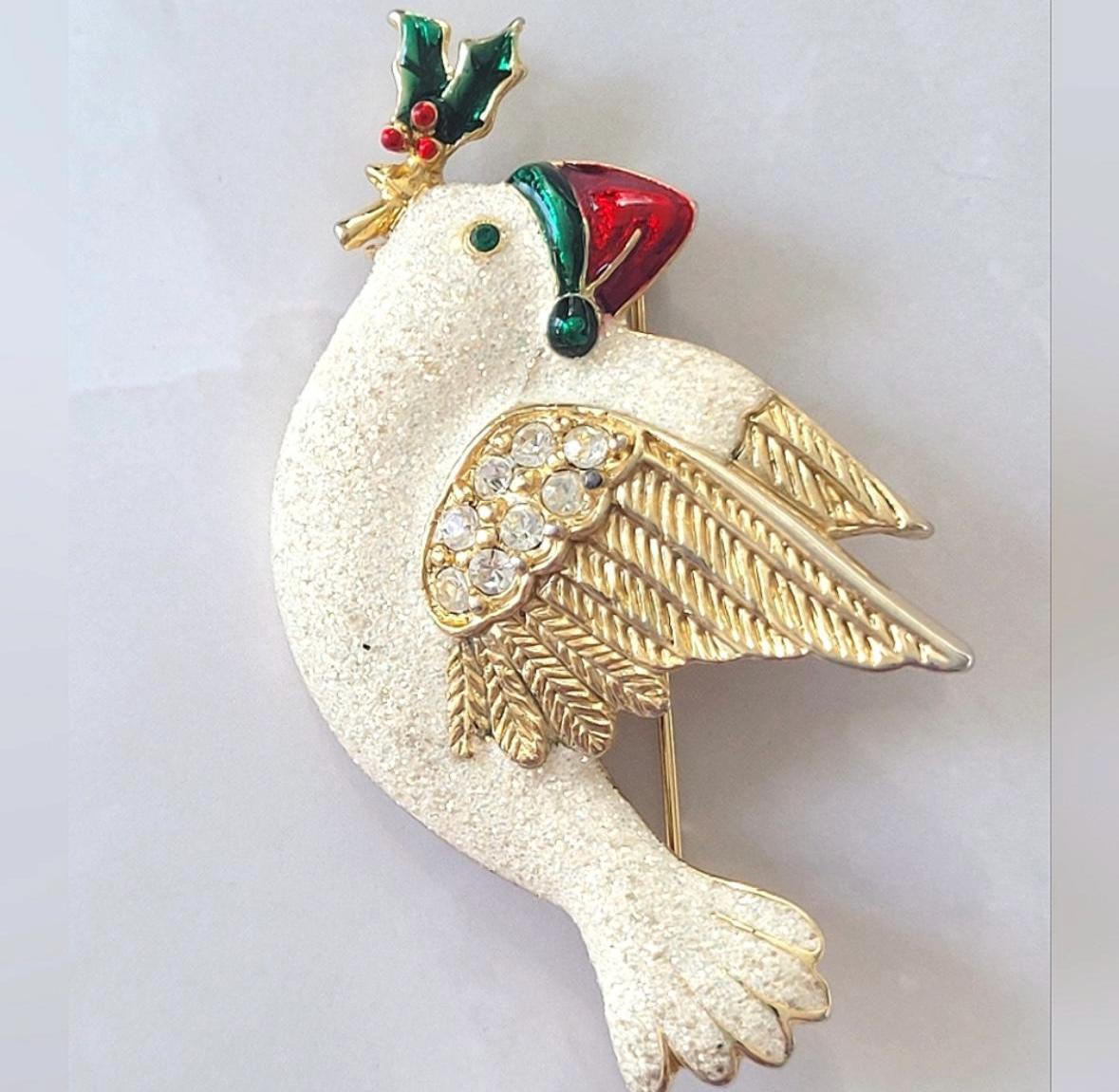 Vintage SJ Stamped Glittery Turtle Dove Christmas Holiday Santa Brooch ...