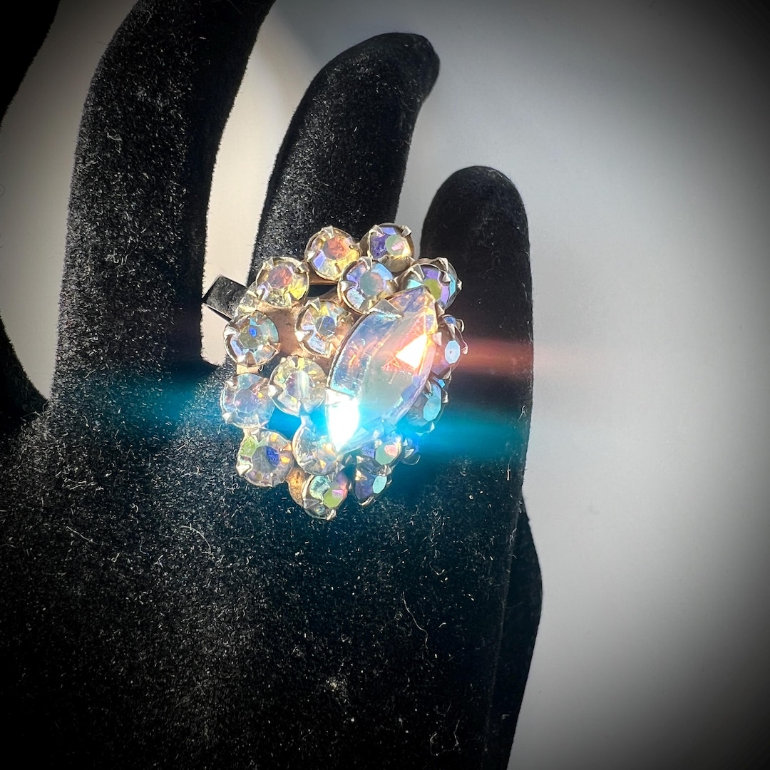 Iridescent Aurora Borealis Ring, Marquise Center, Adjustable Cocktail Ring, Patent Pending ...