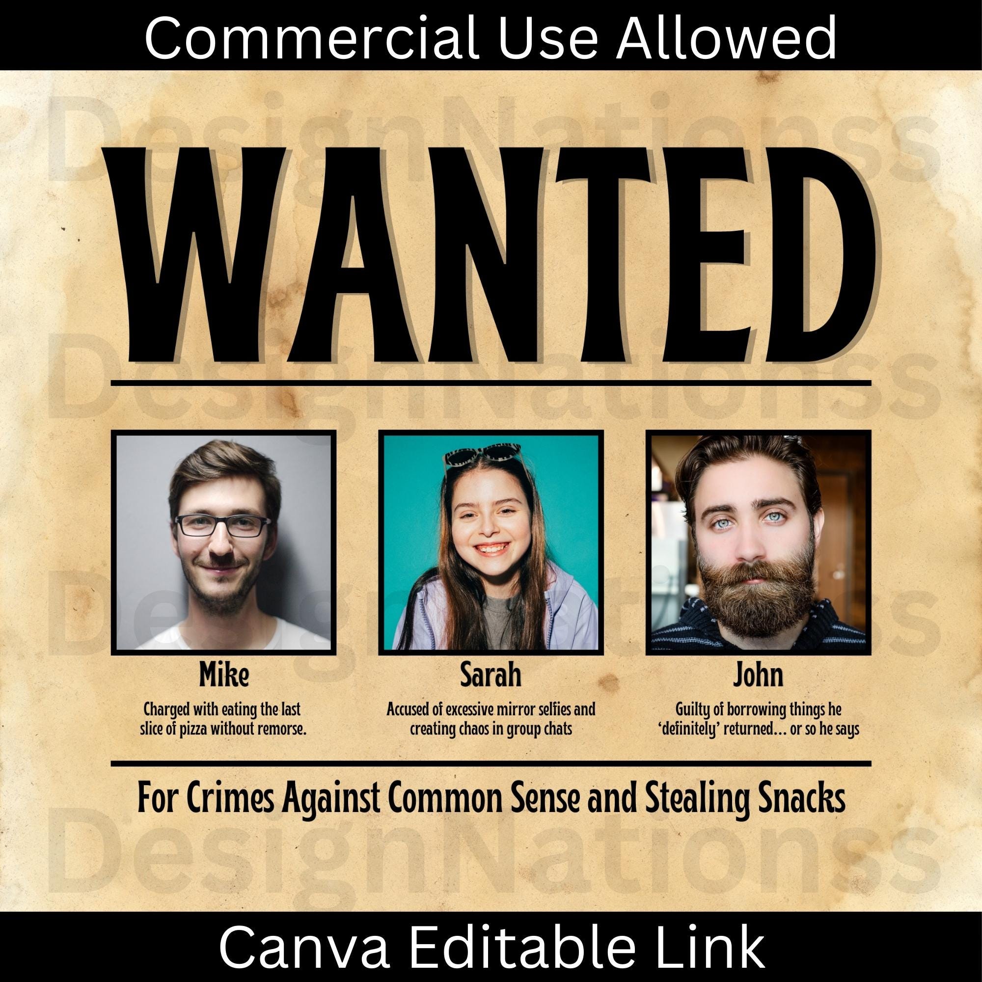 Wanted Sign Posters Canva Template | Editable Wanted Poster Invitation ...