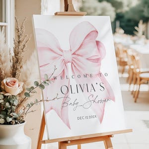 EDITABLE Pink Bow Welcome Sign for Baby Shower Minimalist Pastel Pink ...