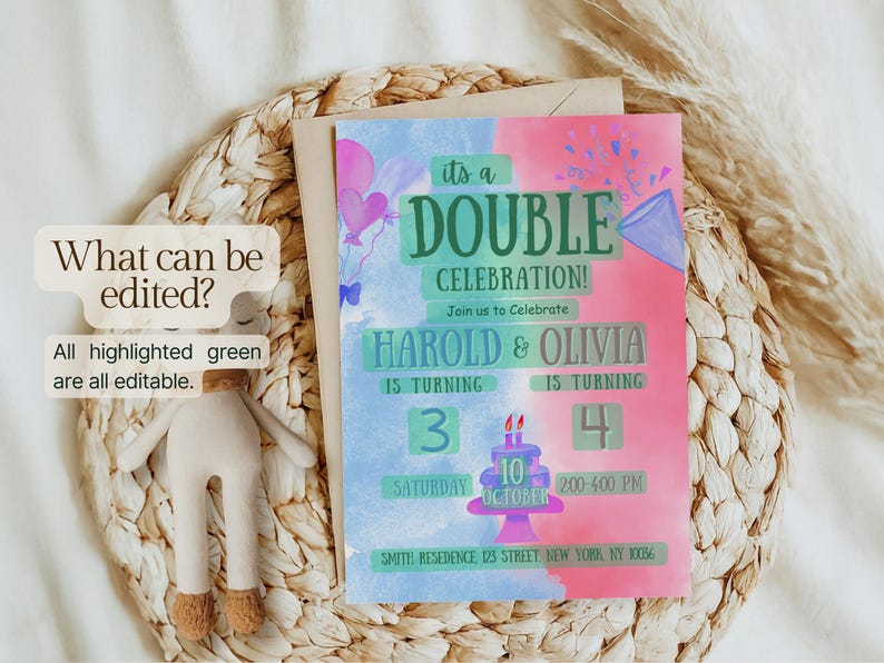 Editable Joint Birthday Party Sibling Birthday Invitation Double ...