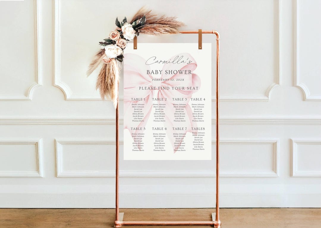 Pink Bow Baby Shower Seating Chart Canva Template: Ribbon Pink Coquette ...