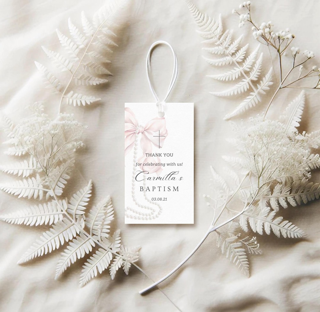 Pink Bow Baptism Favor Tags Editable Pearls Pink Christening Girl Favor ...
