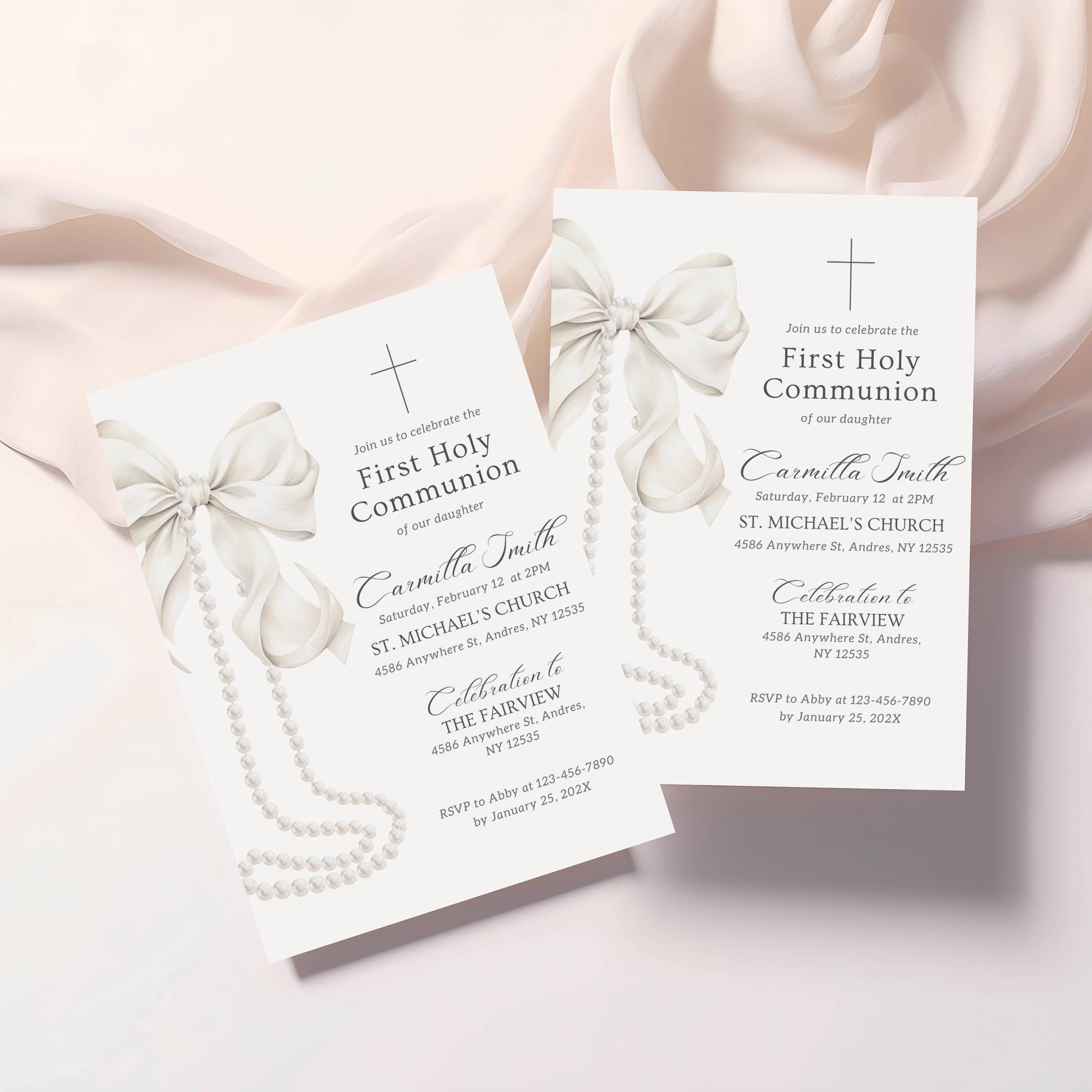 Bow and Pearls Holy Communion Invitation Elegant Bow Coquette First ...