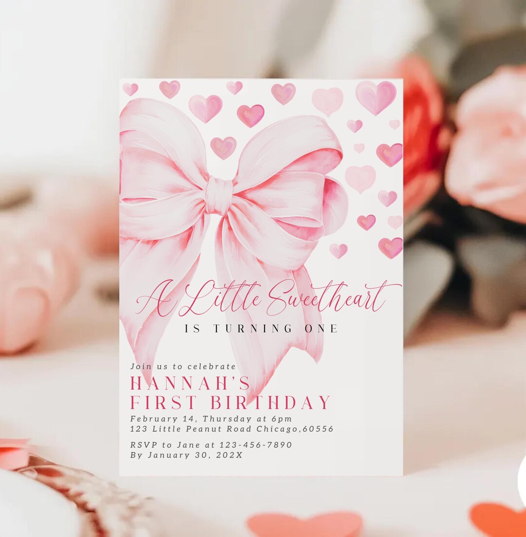 Little Sweetheart is Turning One Invitation Pink Bow Valentines Day 1st ...