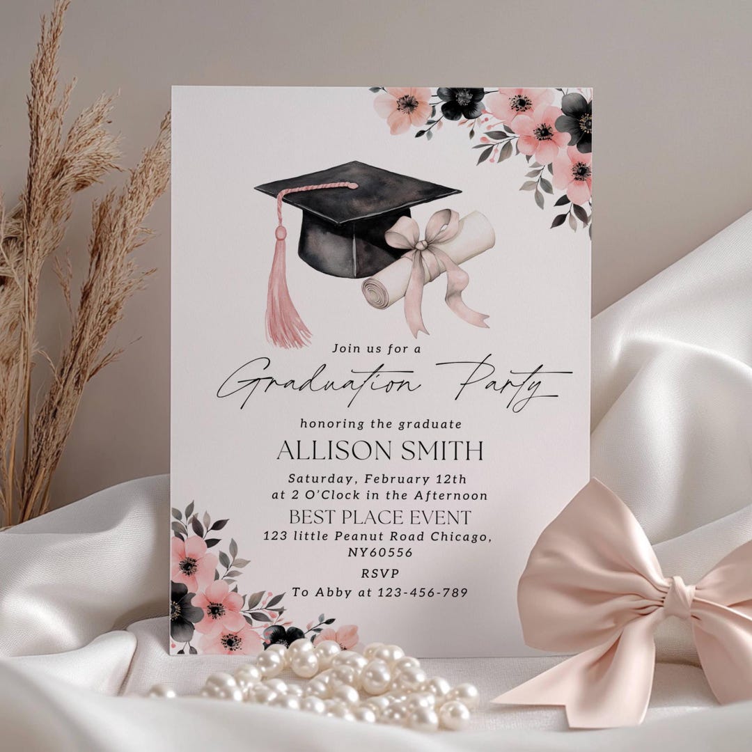 Pink Bow Graduation Party Invitation Canva Template Floral Pink ...