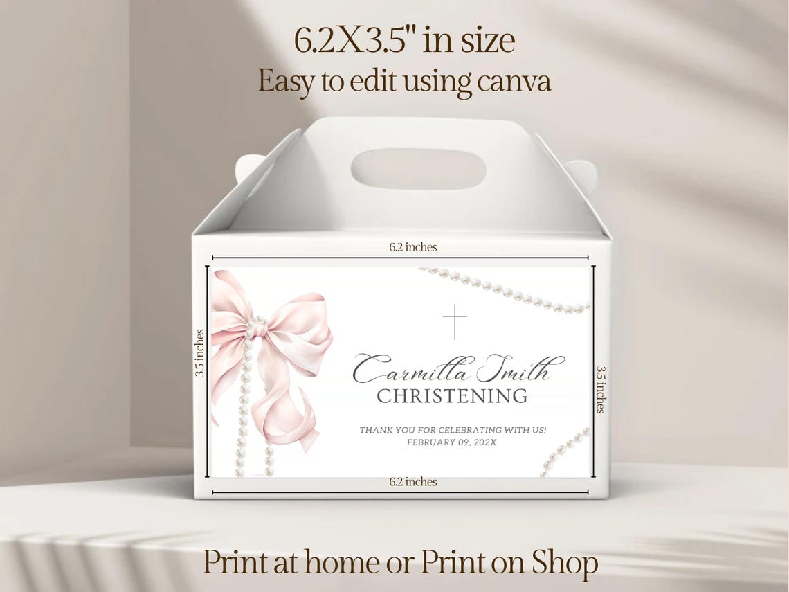 Pink Bow Baptism Gable Box Label for Girl Christening Pearl Baptism ...