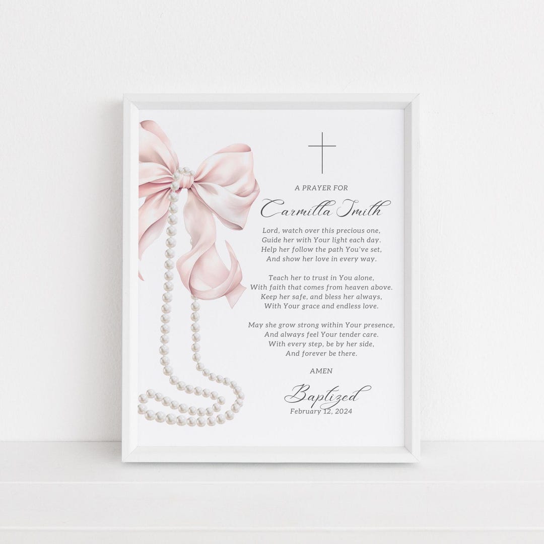 Pink Bow Baptism Print Personalized Pink Baptism Prayer Sign Pearl ...