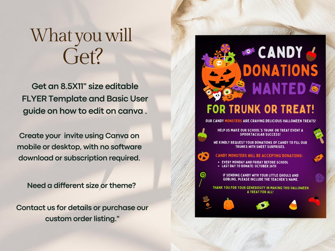 Candy Donation Flyer Template for Kids Halloween Party Trunk or Treat ...