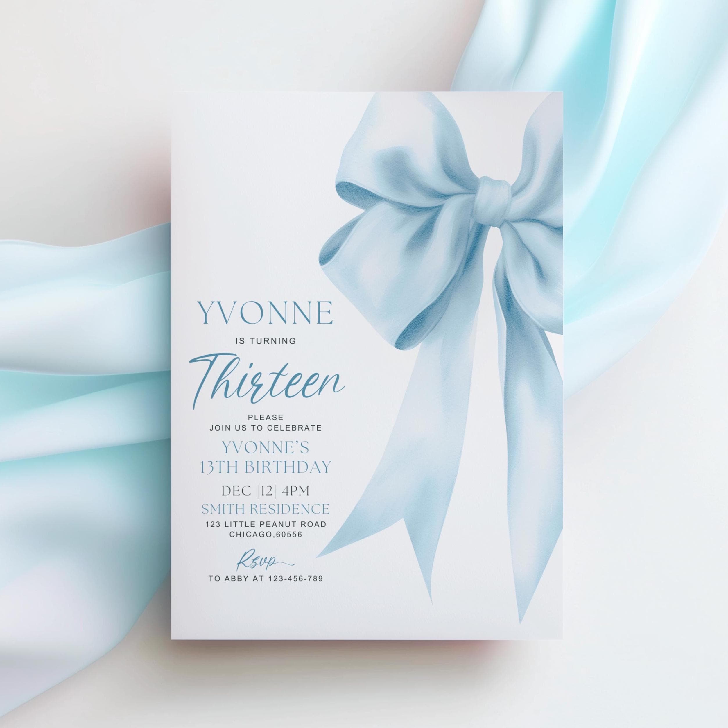 Blue Bow Birthday Invitation Template Watercolor Blue Ribbon Invite ...