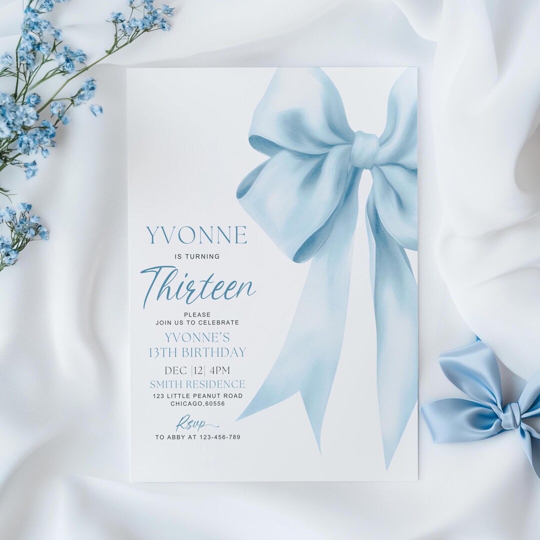 Blue Bow Birthday Invitation Template Watercolor Blue Ribbon Invite ...