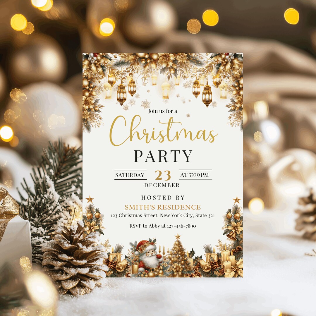 Gold Christmas Party Invitation Template Editable Gold Holiday Party ...