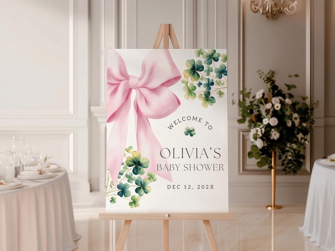 Pink Bow Little Lucky Charm Baby Shower Welcome Sign Template St ...