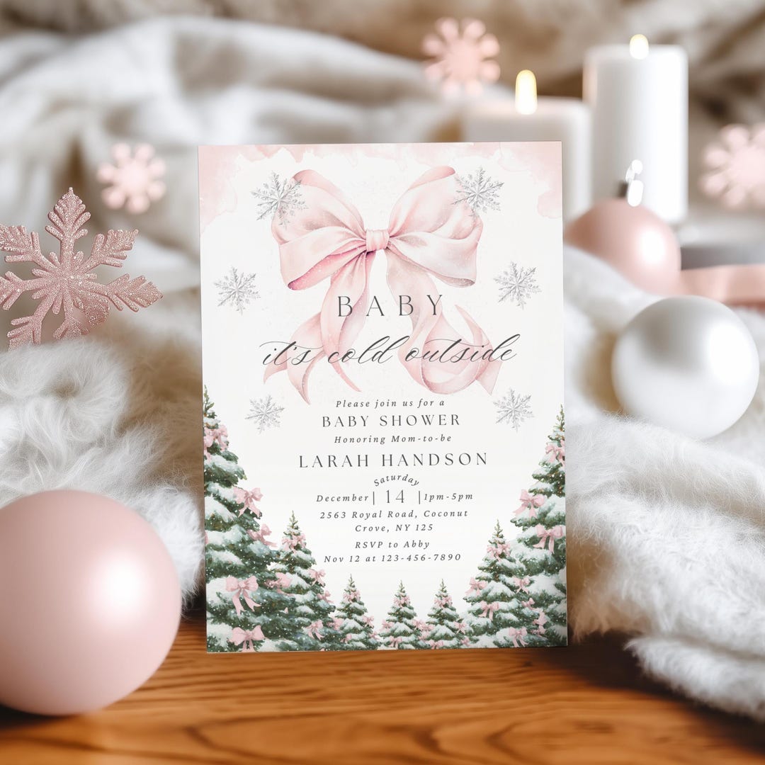 Baby It's Cold Outside Baby Shower Pink Bow Invitation Girl Christmas ...