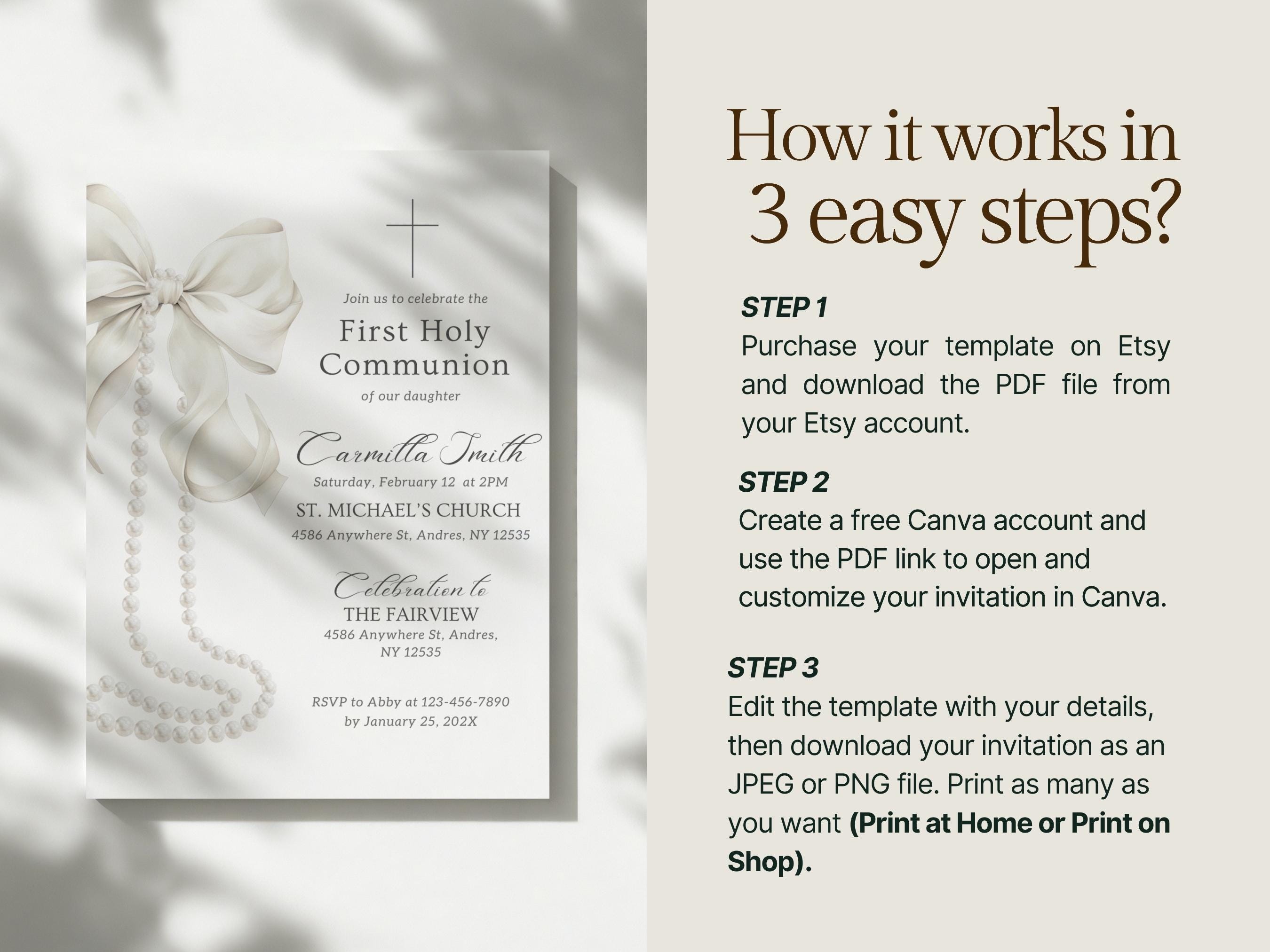 Bow and Pearls Holy Communion Invitation Elegant Bow Coquette First ...