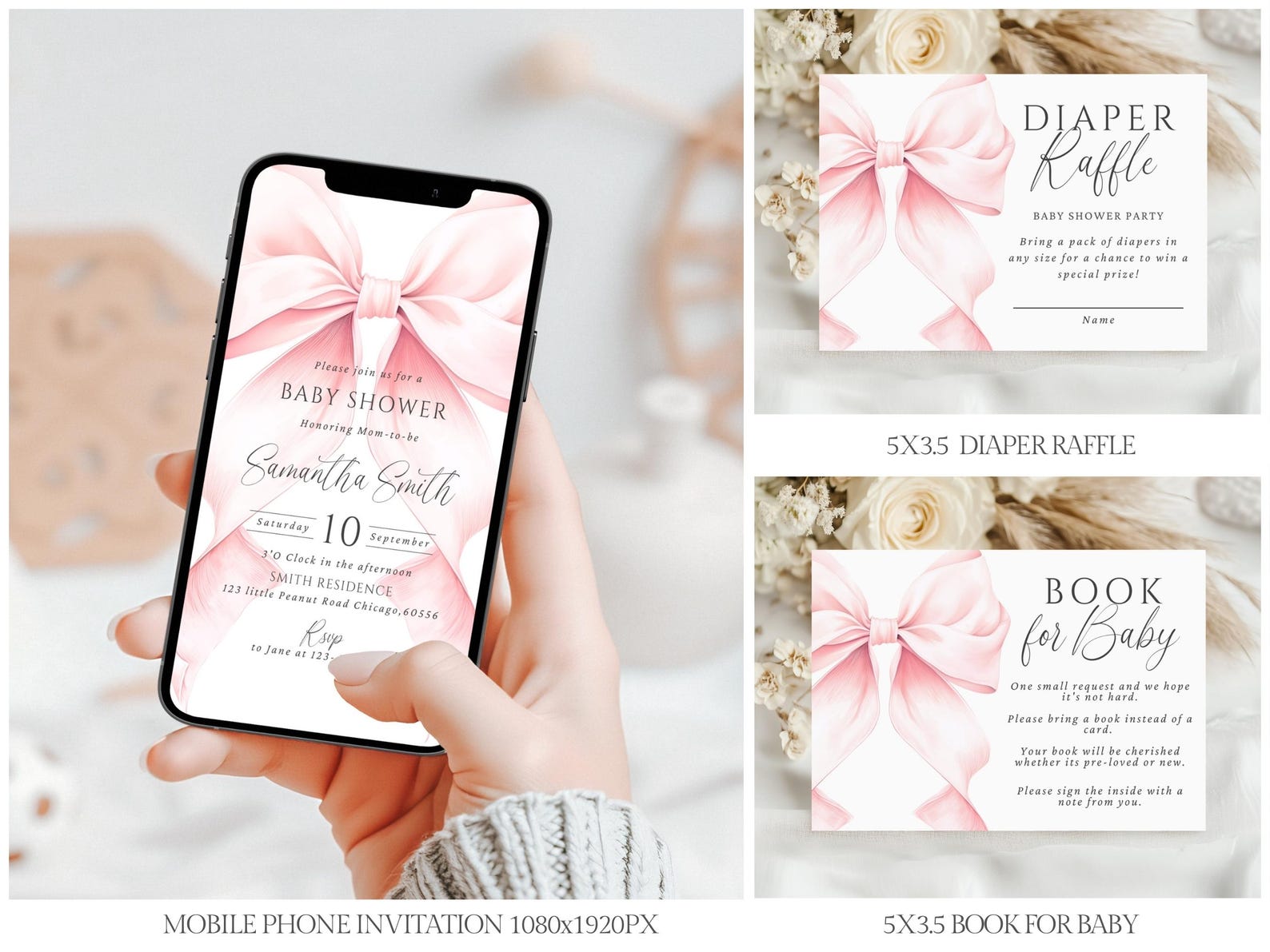 Blush Pink Bow Baby Shower Invitation Bundle Minimalist Elegant ...