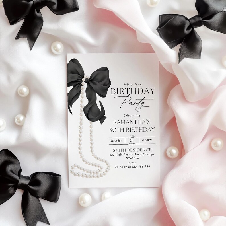 Pearls and Black Bow Birthday Invitation Watercolor Black Bow Elegant ...