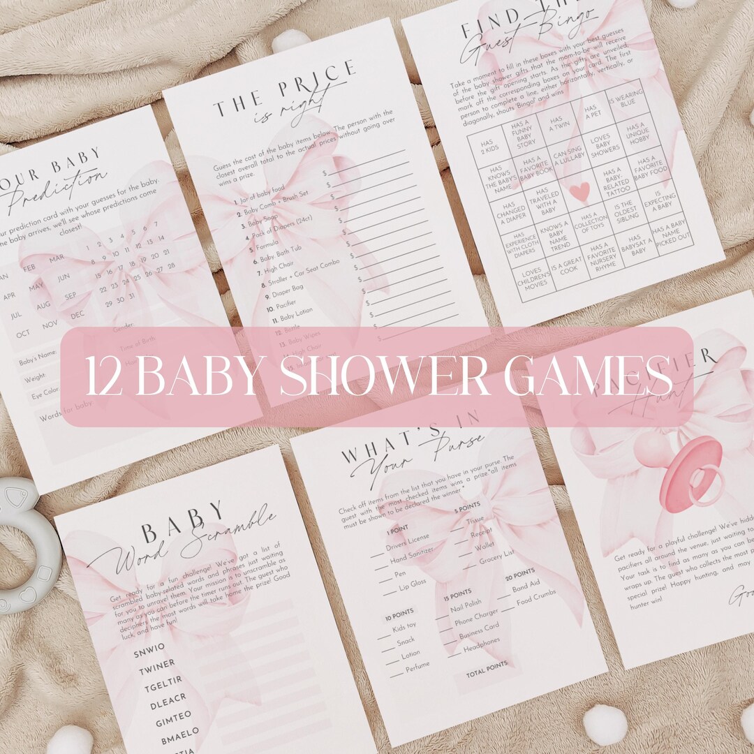 12 Editable Pink Bow Baby Shower Games, Pink Ribbon Baby Shower Games ...