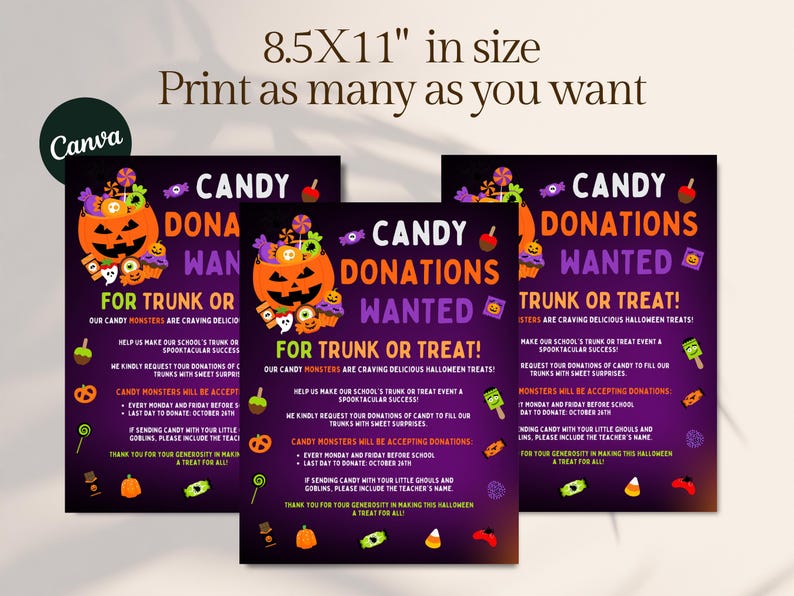 Candy Donation Flyer Template for Kids Halloween Party Trunk or Treat ...