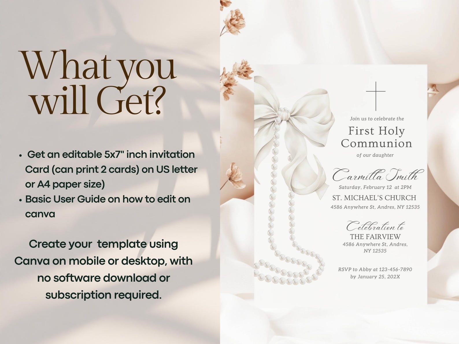 Bow and Pearls Holy Communion Invitation Elegant Bow Coquette First ...
