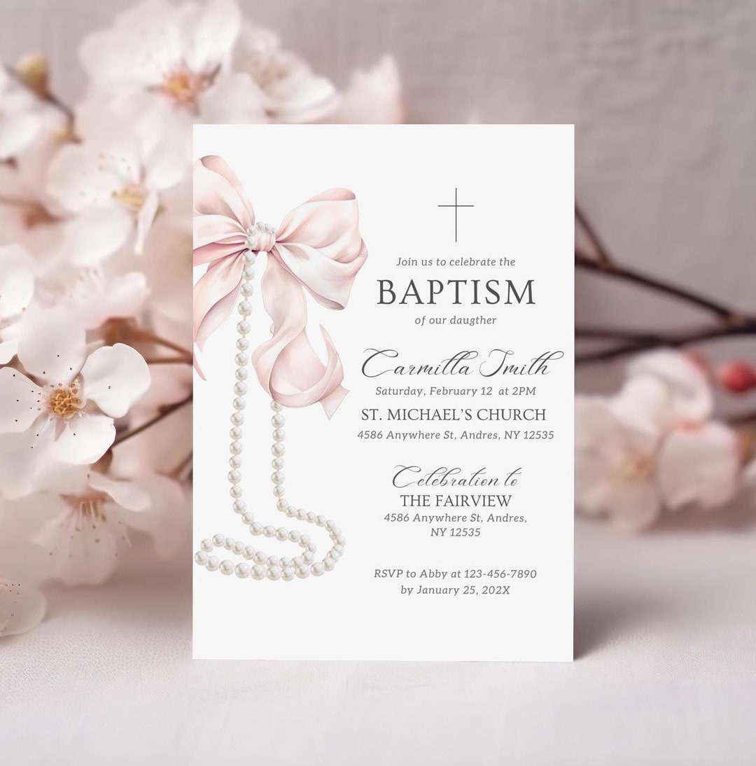 Pink Bow Baptism Invitation Girl for Girl Christening Invitation Pearl ...