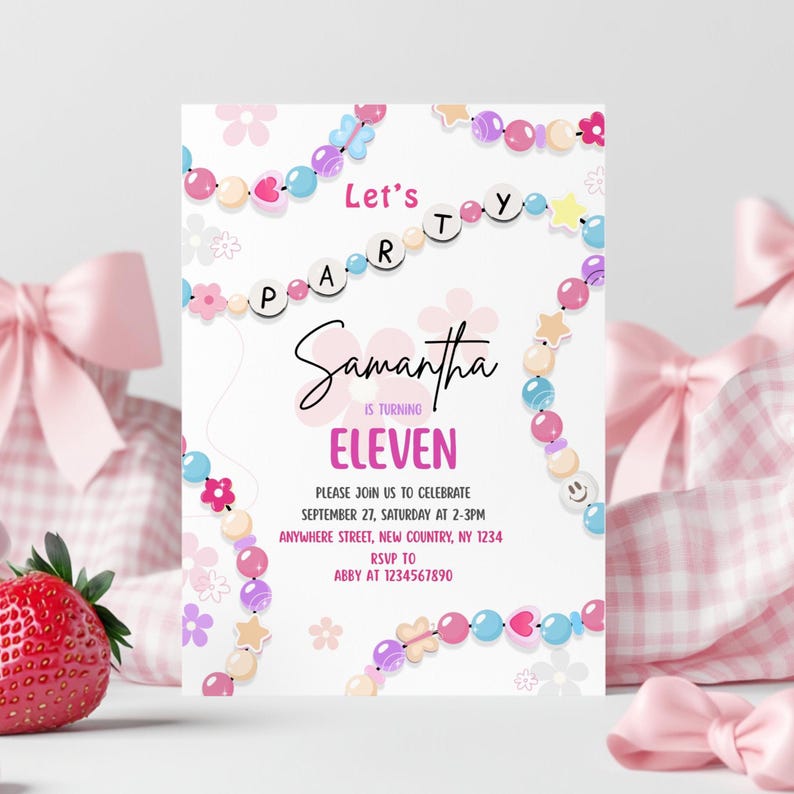 Editable Friendship Bracelet Invitation Girl Birthday Bead Bracelet ...