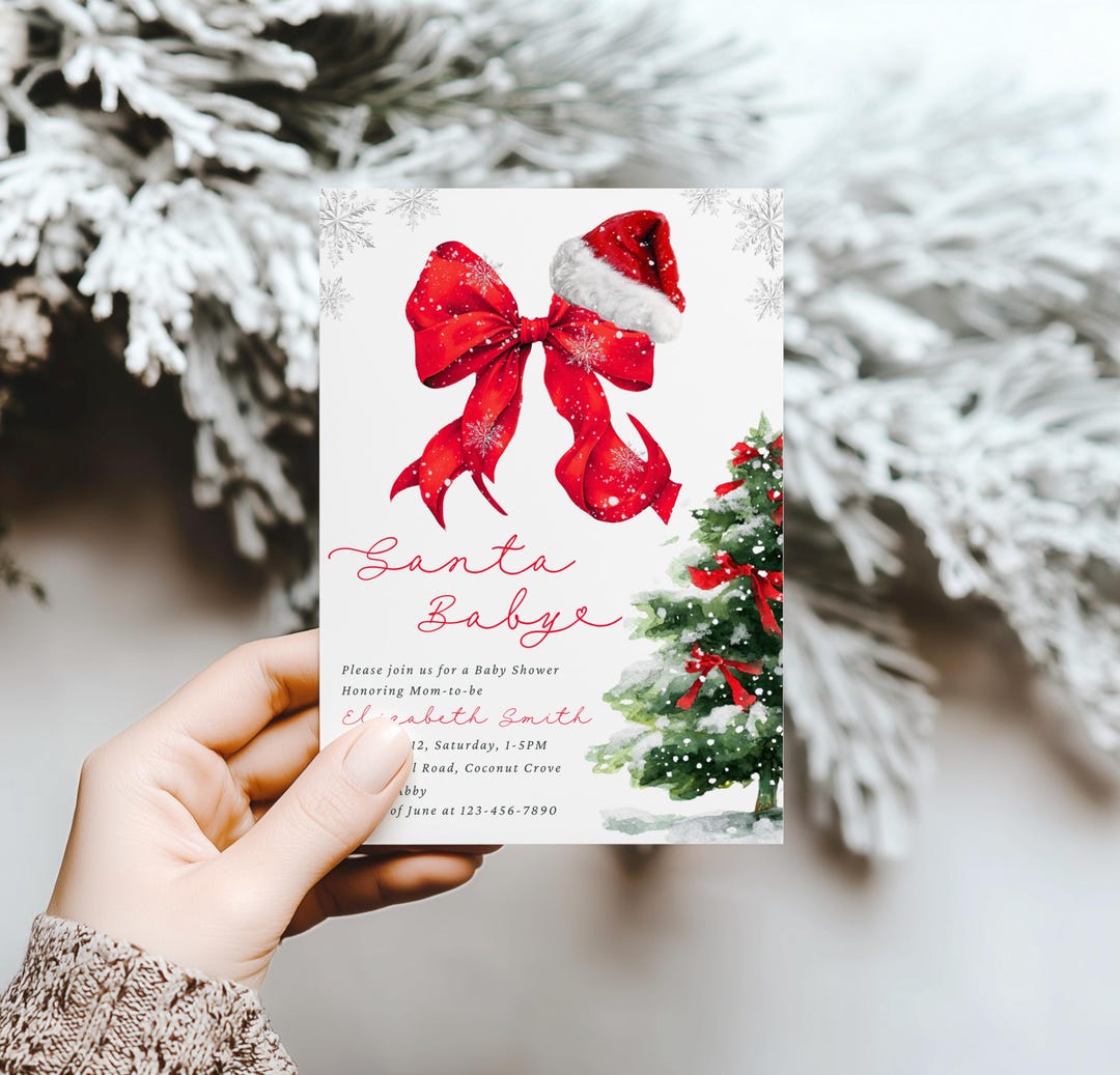 Editable Santa Baby Shower Invitation Template Red Bow Christmas Baby ...