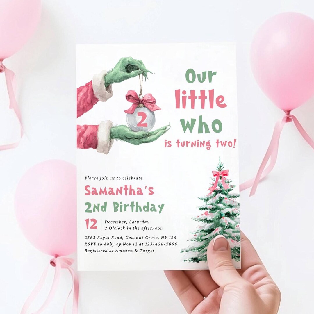 Christmas Guess Who is Turning Two Invitation Pink Bow Girl Holiday 2nd ...