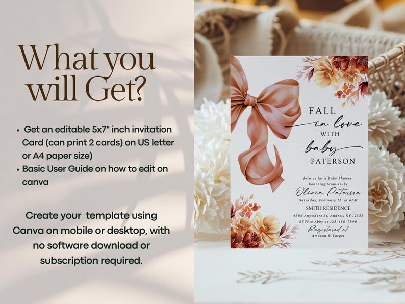 Editable Falling in Love Baby Shower Invitation Terracotta Fall Bow ...