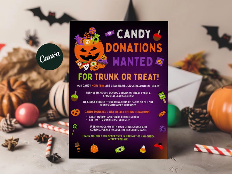 Candy Donation Flyer Template for Kids Halloween Party Trunk or Treat ...