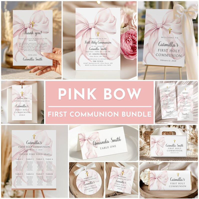 Pink Bow First Holy Communion Invitation BUNDLE Printable Template ...