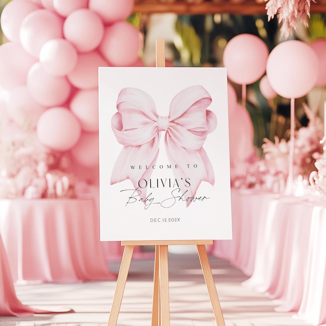 Editable Pink Bow Baby Shower Welcome Sign Canva Template Pink Coquette ...
