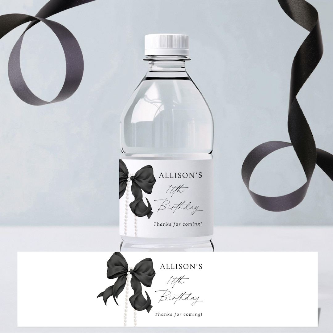 Editable Black Bow Water Bottle Label Template Printable Minimalist ...
