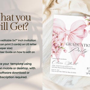 Pink Bow Wildflower Graduation Party Invitation Editable Template ...