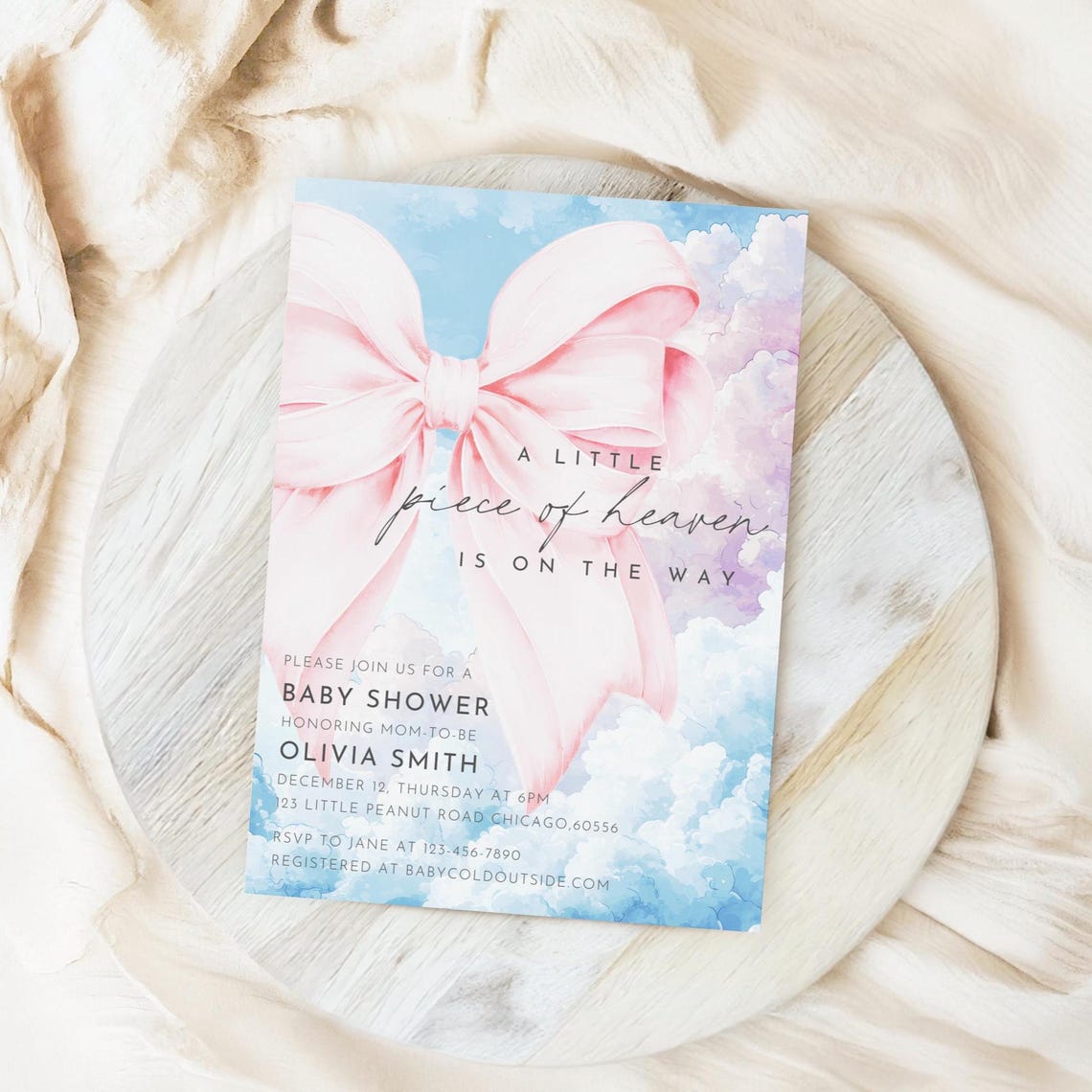 Little Piece of Heaven Pink Bow Baby Shower Invitation Template Baby ...
