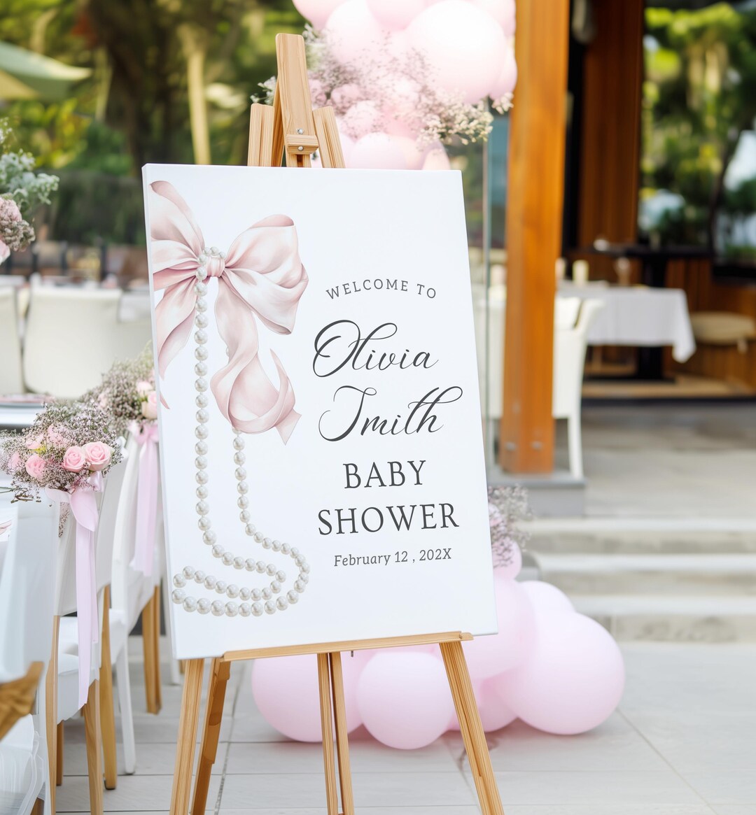 Pink Bow Welcome Sign Blush Pink Baby Shower Welcome Sign Printable ...