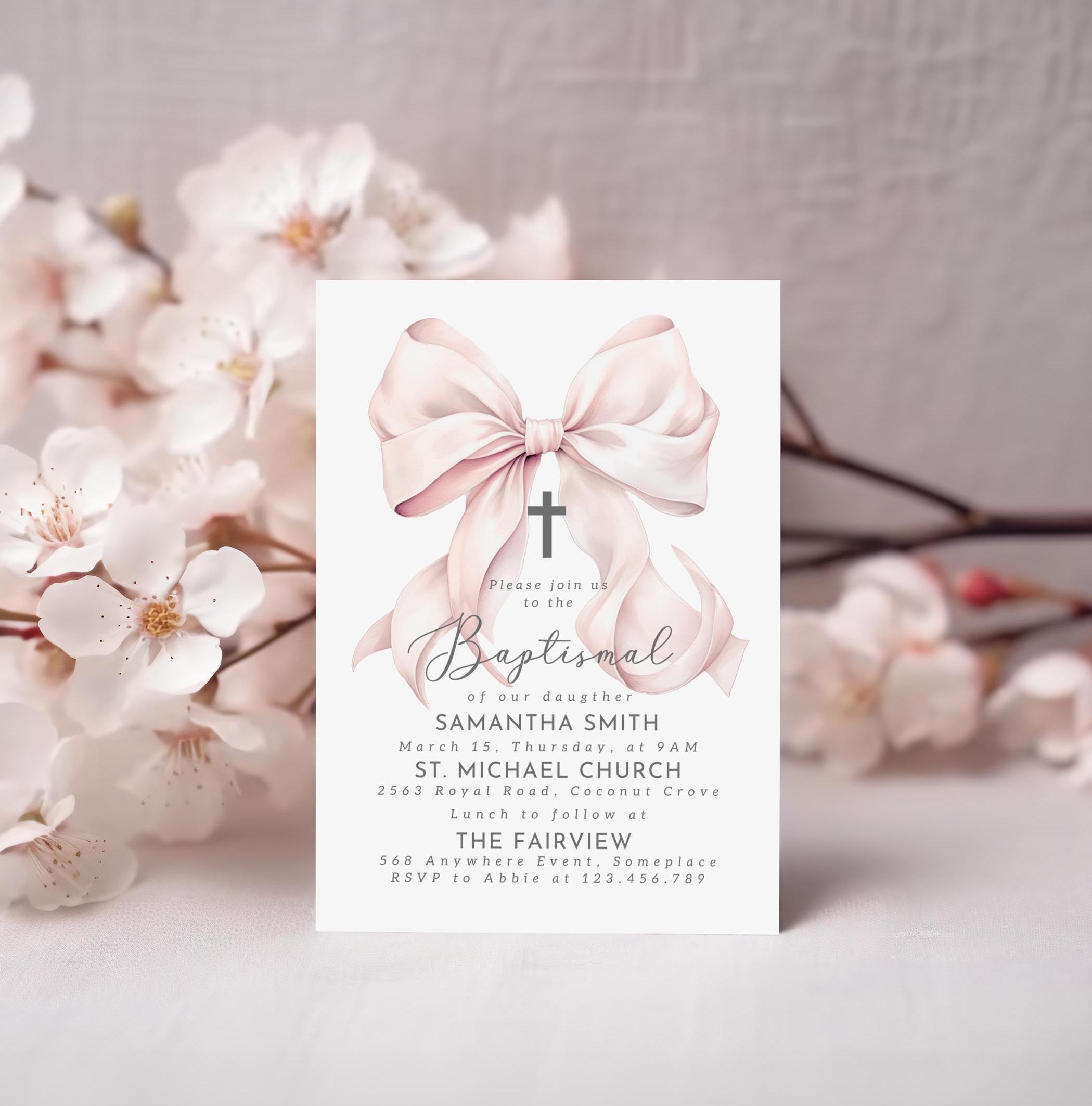 Baptism Invitation Pink Bow for Girl Christening Invitation Template ...