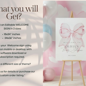 Editable Pink Bow Baby Shower Welcome Sign Canva Template Pink Coquette ...