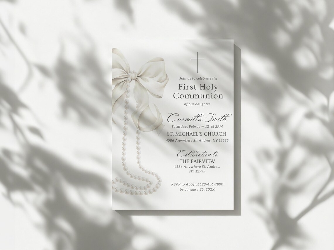 Bow and Pearls Holy Communion Invitation Elegant Bow Coquette First ...