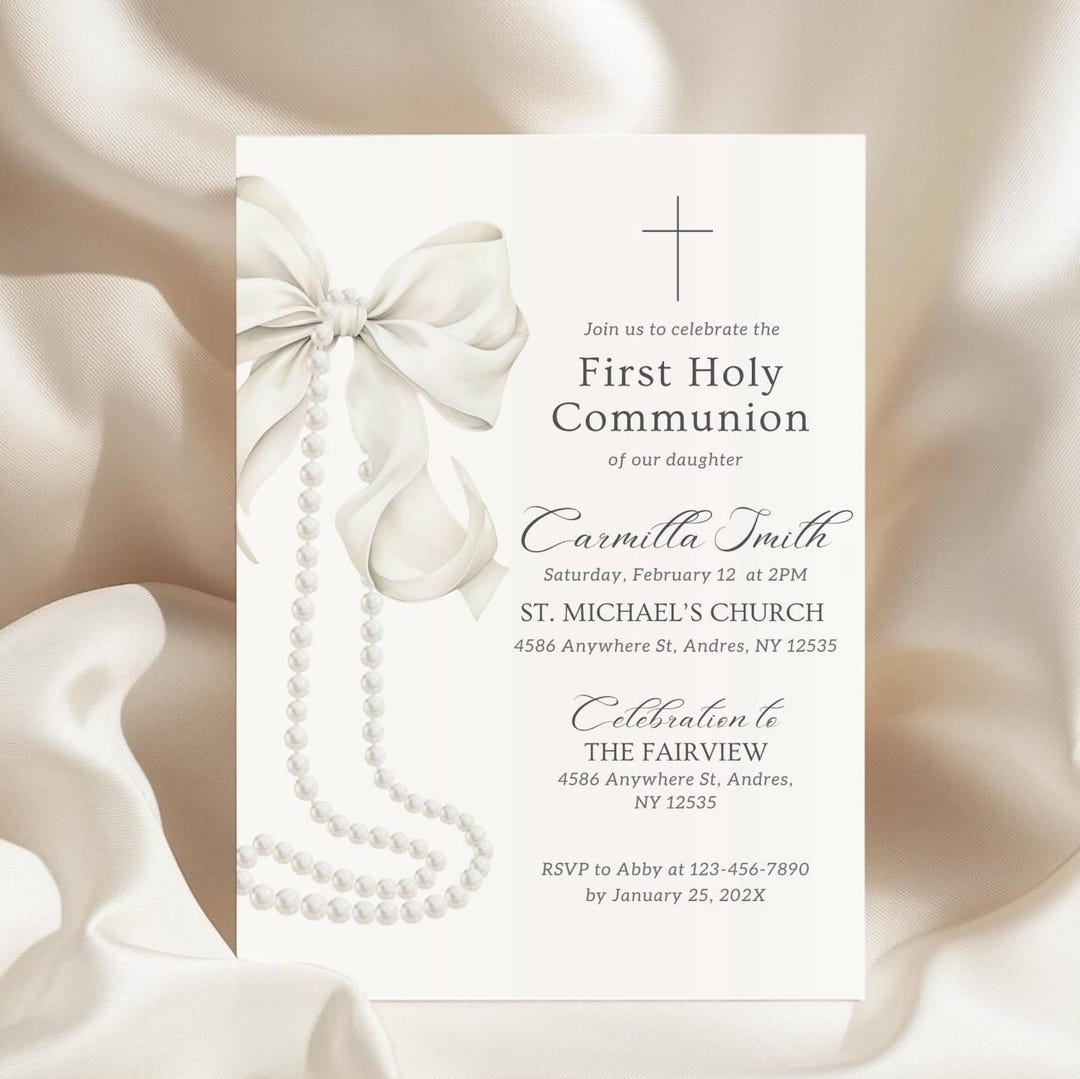 Bow and Pearls Holy Communion Invitation Elegant Bow Coquette First ...