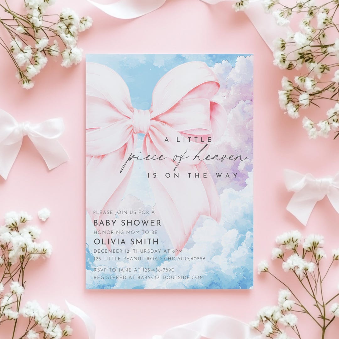 Little Piece of Heaven Pink Bow Baby Shower Invitation Template Baby ...