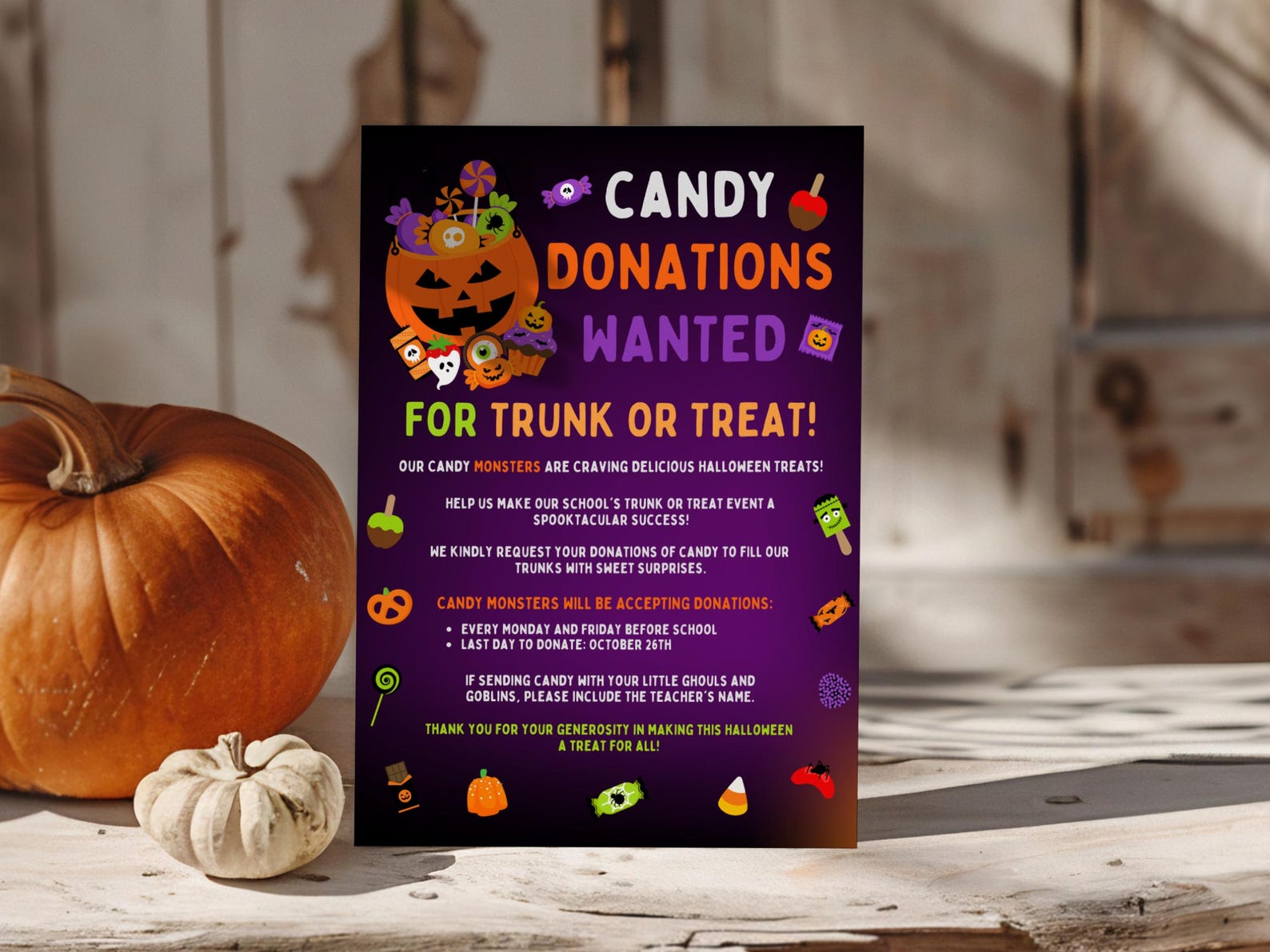 Candy Donation Flyer Template for Kids Halloween Party Trunk or Treat ...