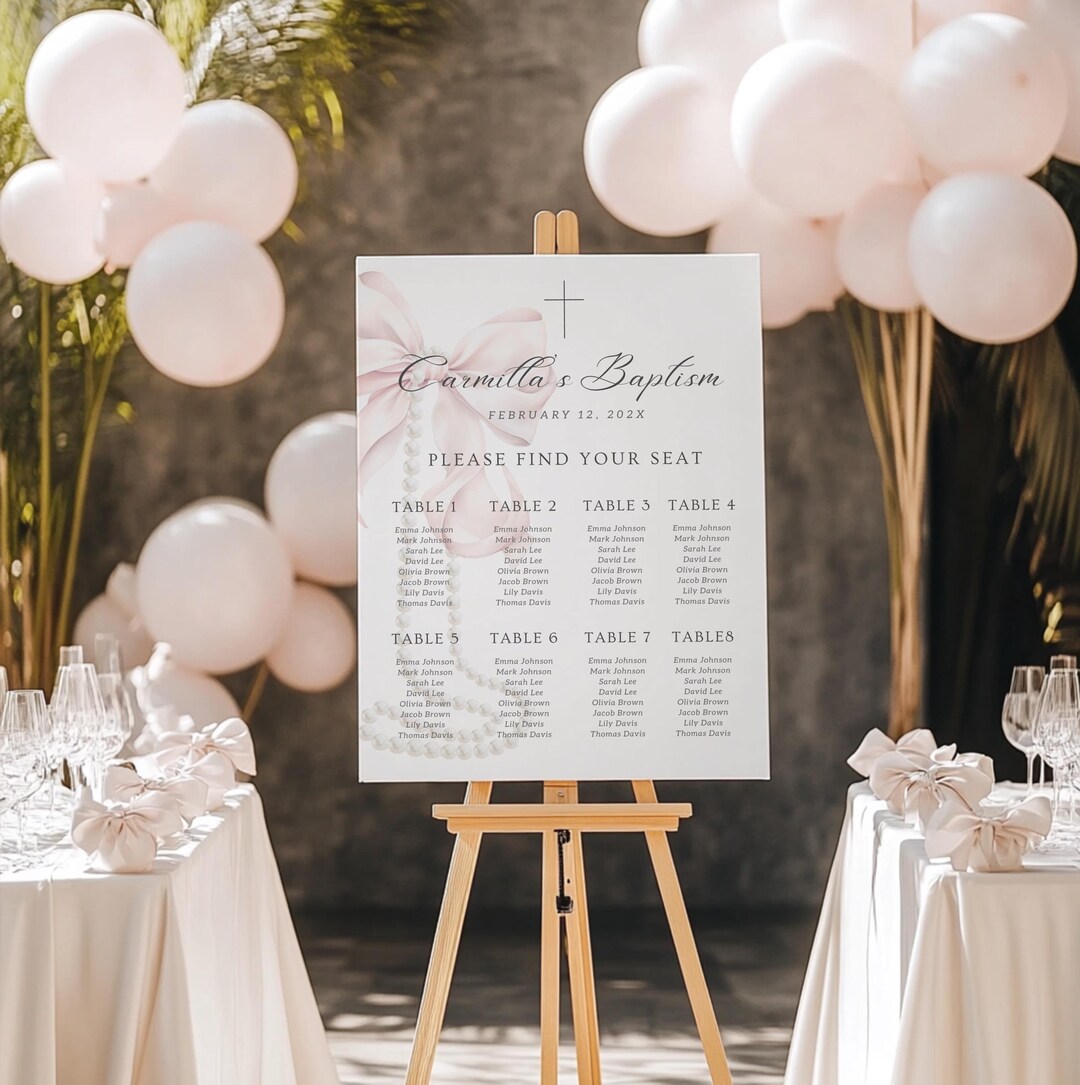 Pink Bow Baptism Girl Seating Chart Editable Canva Template Pearls Pink ...