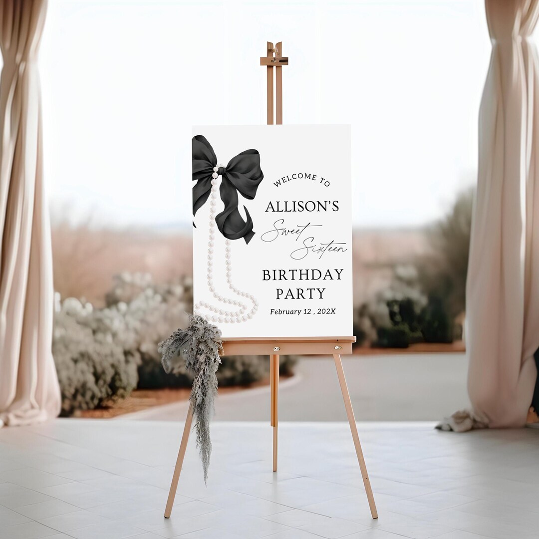 Editable Black Bow Birthday Welcome Sign Bow and Pearl Welcome Poster ...
